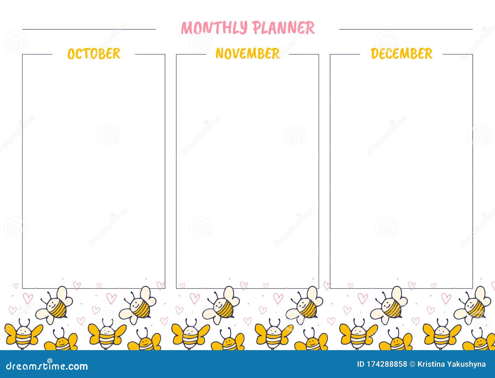 White Monthly Planner with Cute Yellow Bees Design Stock Vector ...