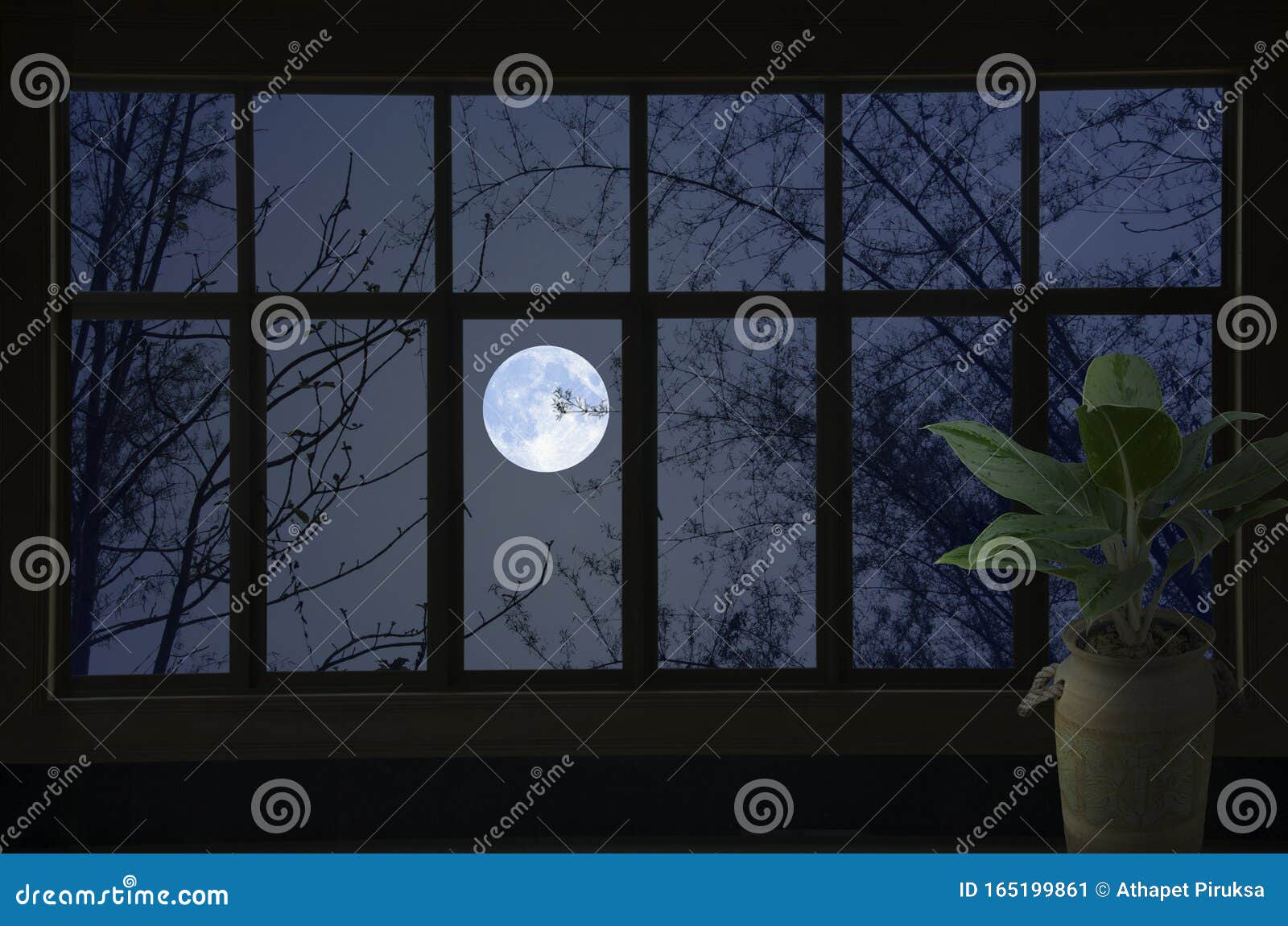 White Moon in Blue Sky in Glass Window View at Night Stock Image ...