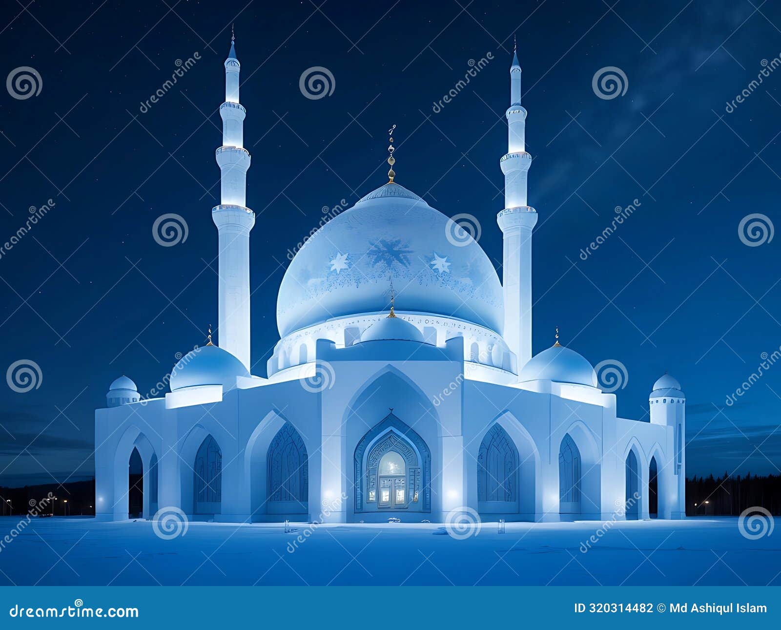 A White Mosque with a Blue Light on it and the Words the Mosque on the ...