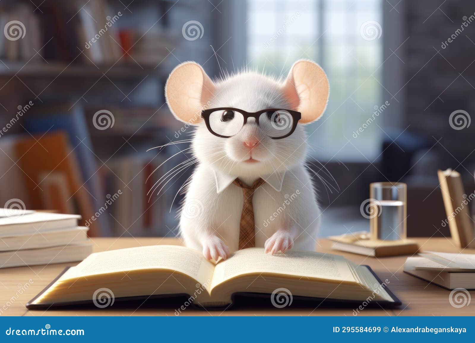 A White Mouse with Glasses Looks at a Book in the Library Stock Image ...