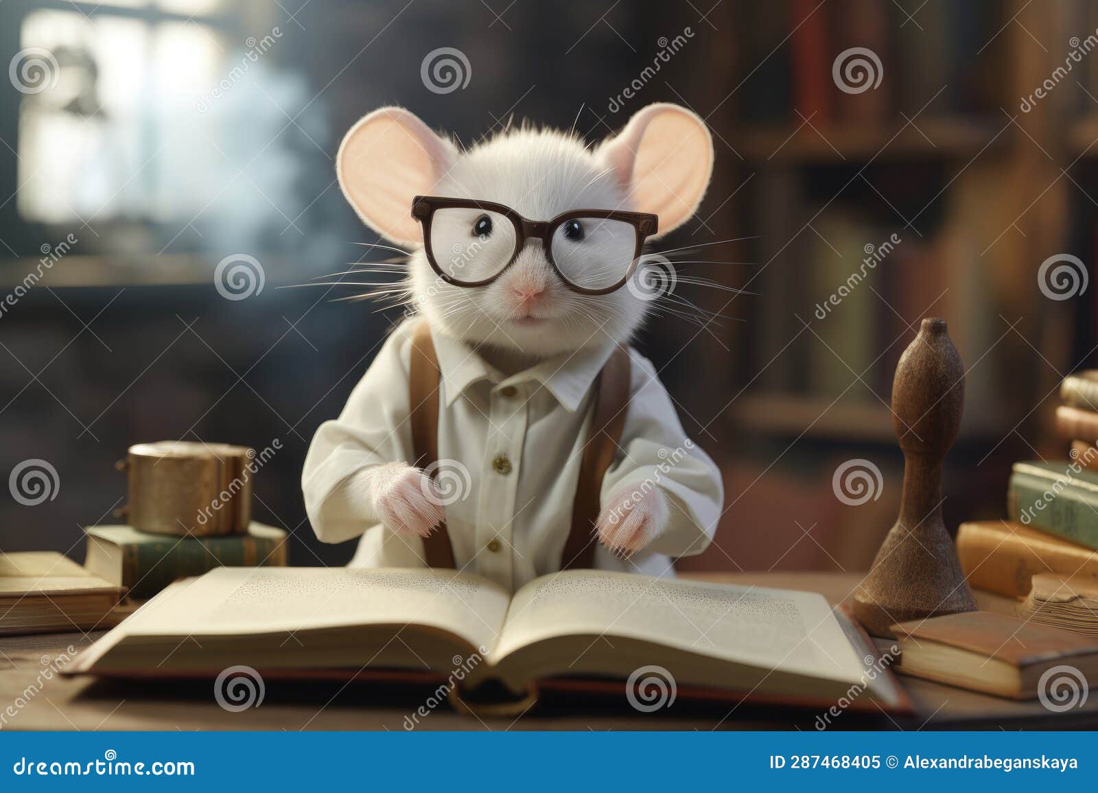A White Mouse with Glasses Looks at a Book in the Library Stock ...