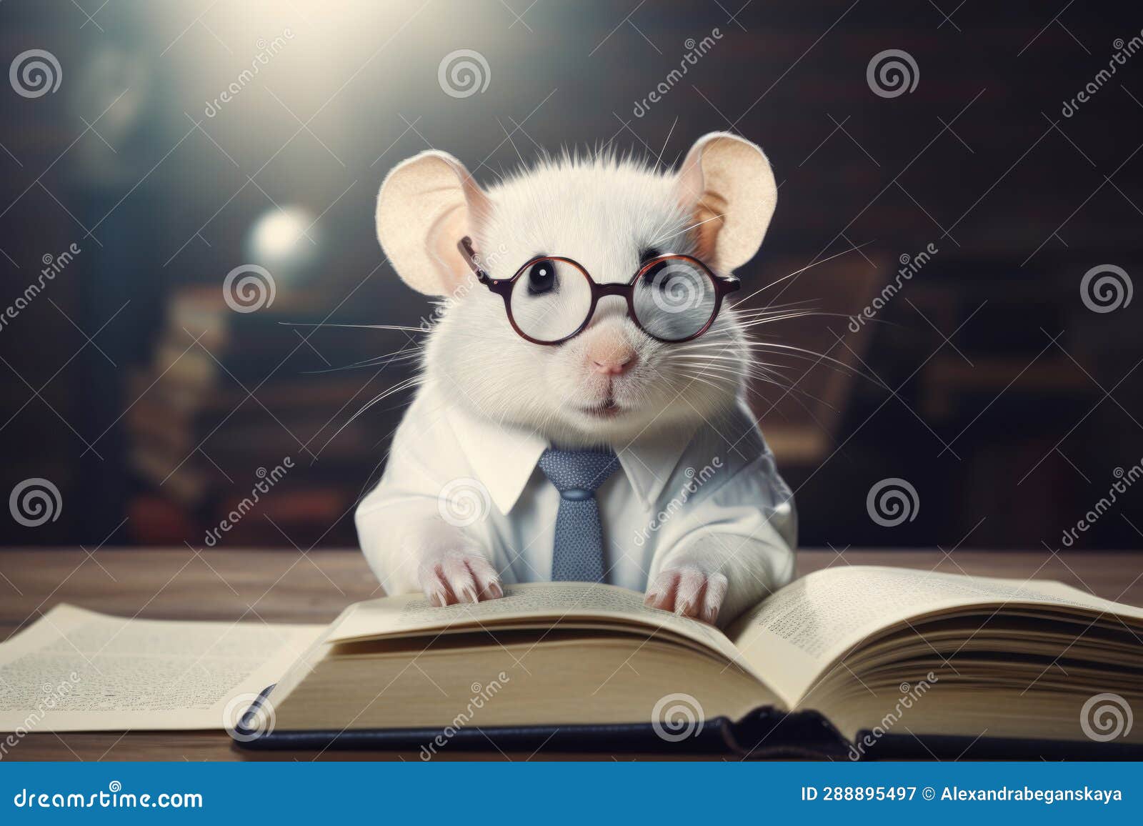 A White Mouse with Glasses Looks at a Book in the Library Stock ...