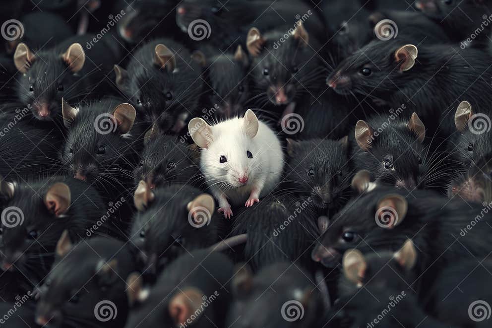 White Mouse in a Large Group of Black Rodents Stock Illustration ...