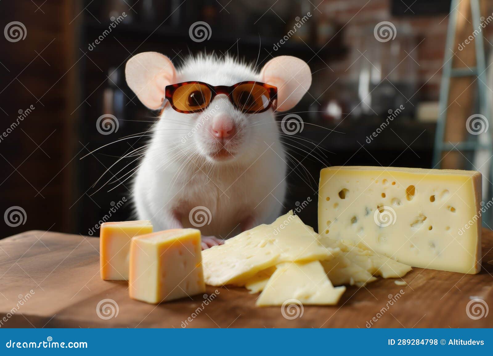 A White Mouse with Tiny Glasses Near a Cheese Piece Stock Photo - Image ...