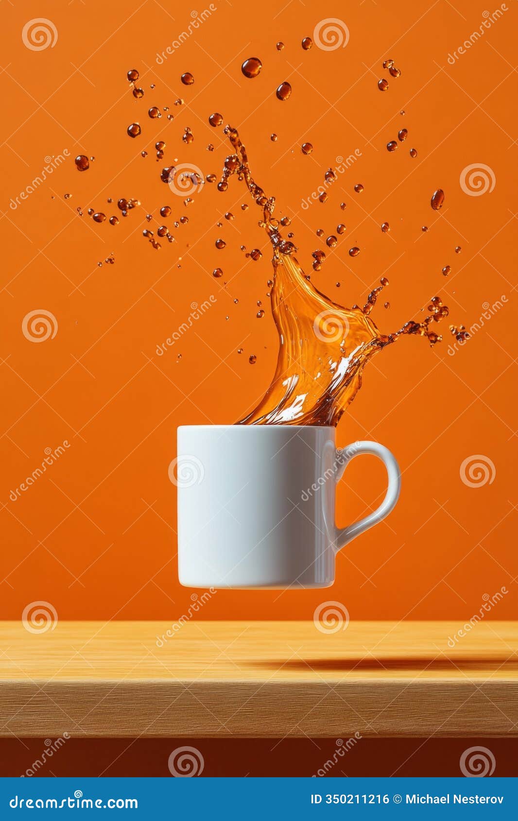White Mug with Coffee Splash Floating on Orange Background Editorial ...