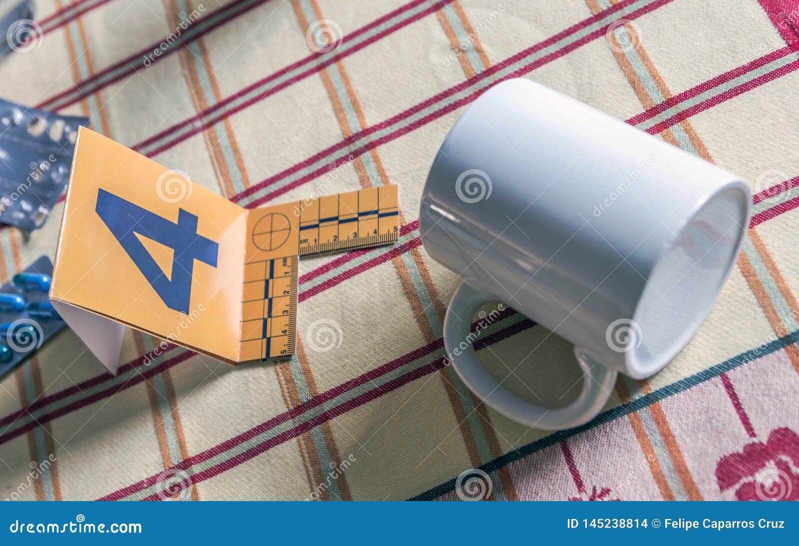 White Mug in Crime Scene. Test Marked with Number Four Stock Photo ...