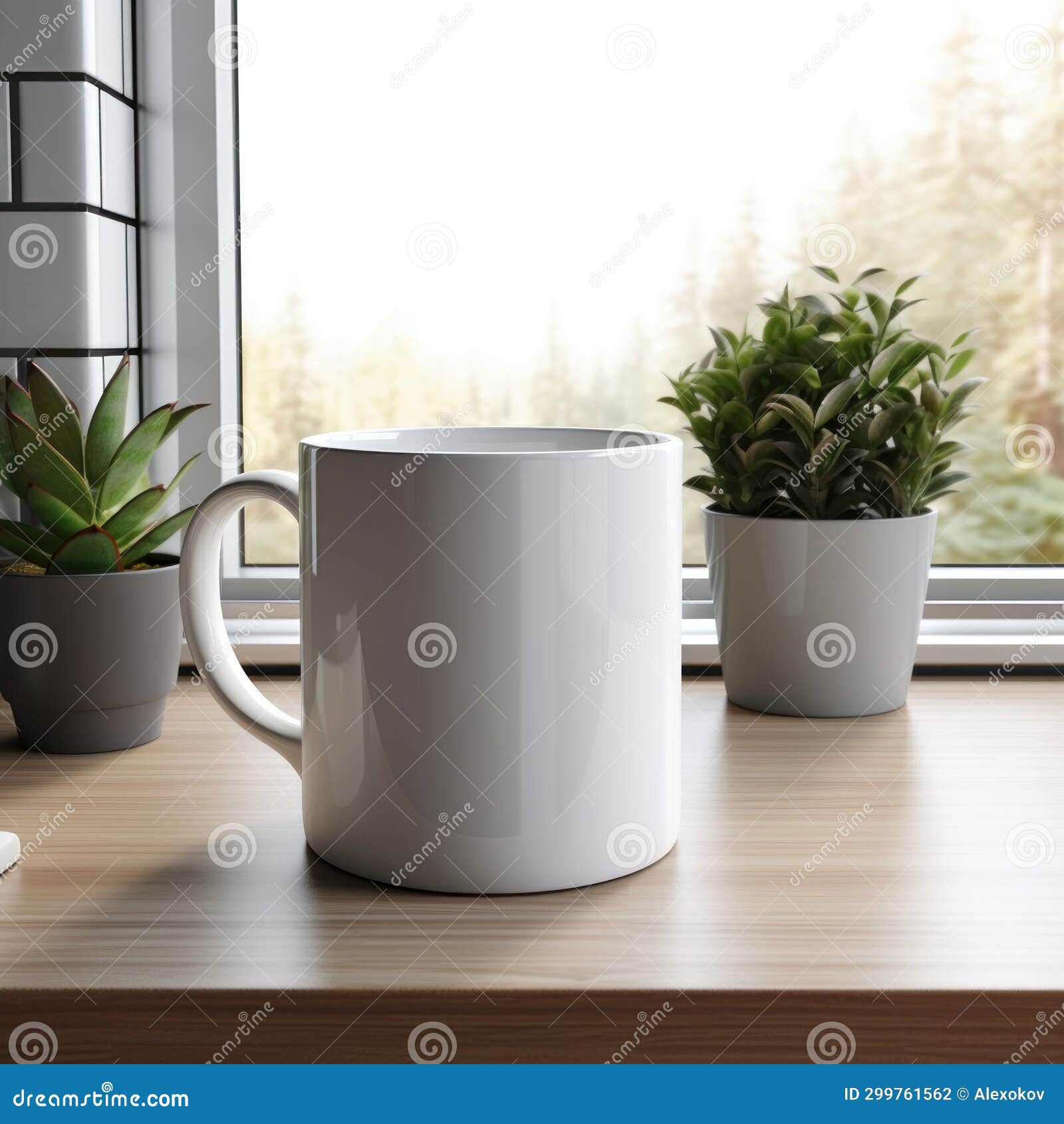White Mug Mockup on Wooden Table in Front of Window. 3d Render ...