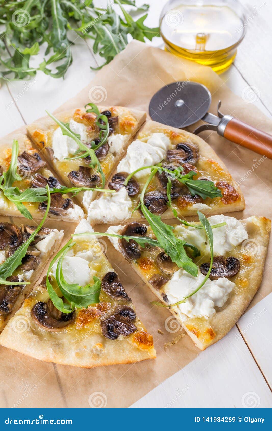 White Mushroom Pizza with Ricotta Cheese and Arugula Stock Image ...