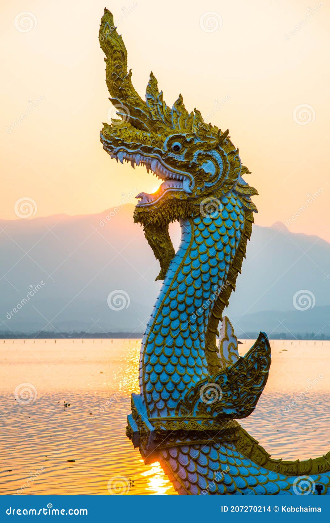 White Naga Statue at Kwan Phayao with Evening Sun Stock Photo - Image ...