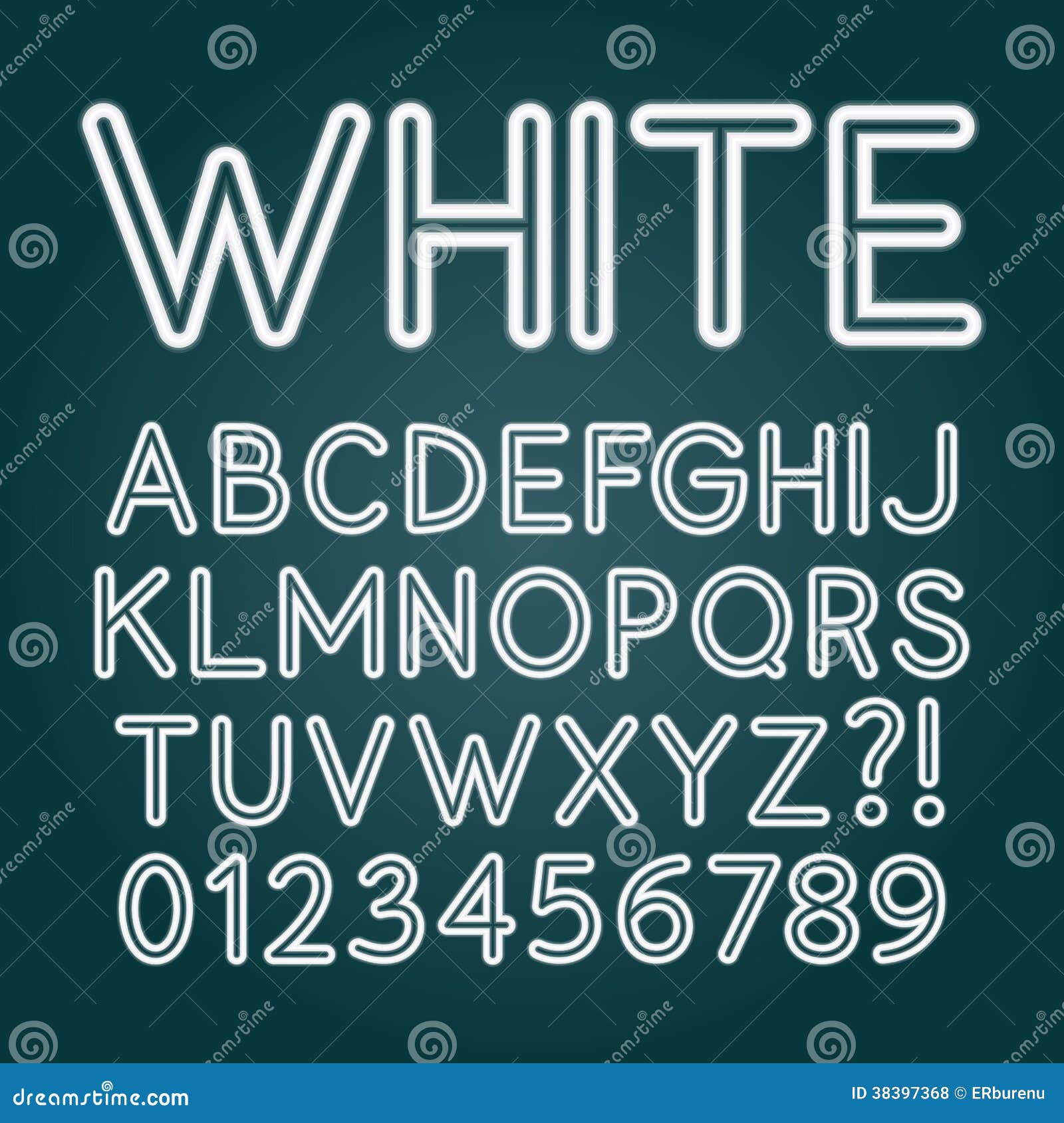 Neon Tube Alphabet Font. White And Blue Color Bold Letters And Numbers ...