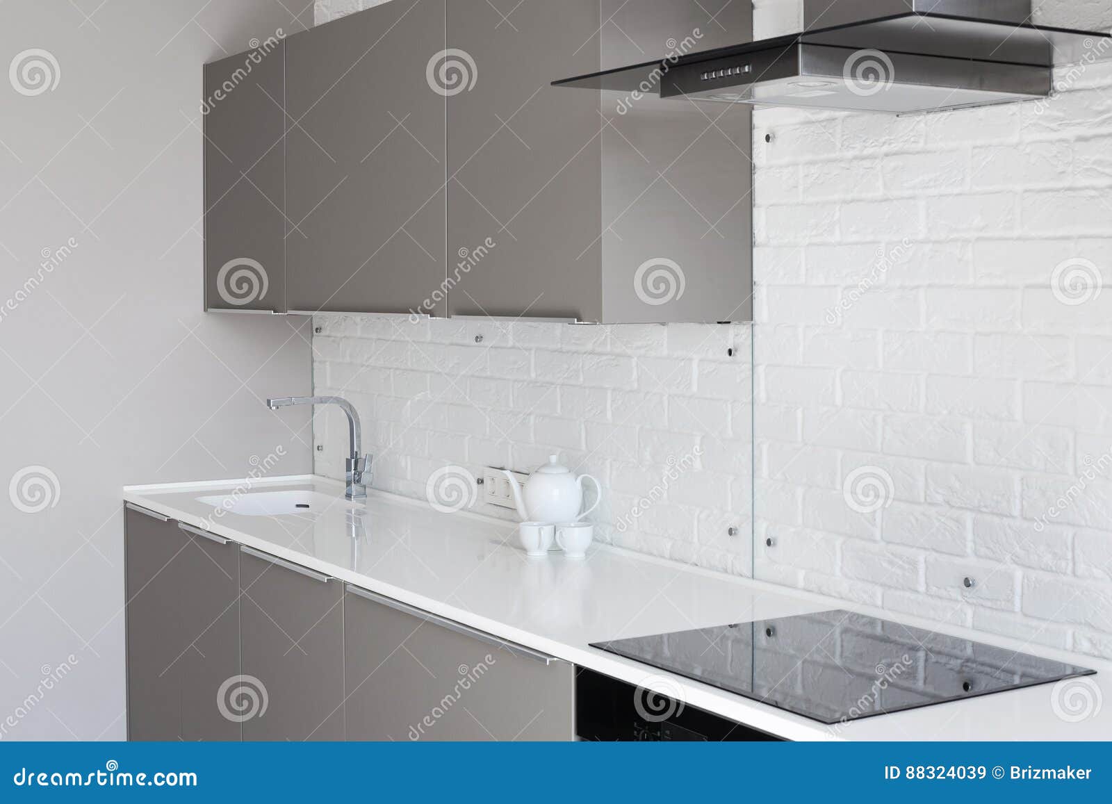 White New Modern Kitchen with Counter Top and Exhaust Hood. Stock Image ...