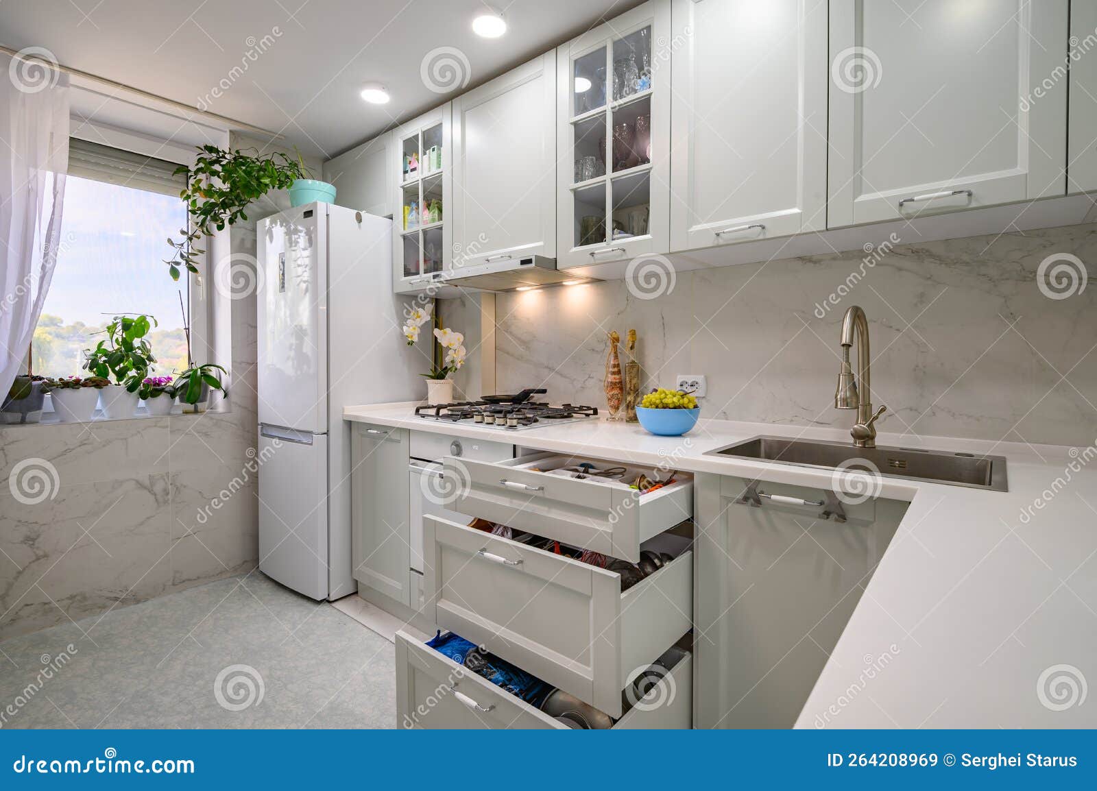 White New Modern Well Designed Kitchen Interior Stock Image - Image of ...