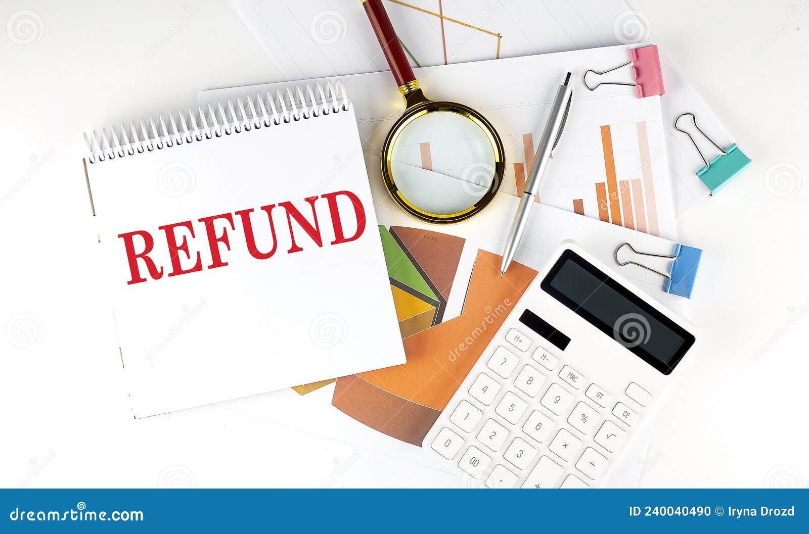 White Notepad Text REFUND with Diagram,chart,calculator on the White ...