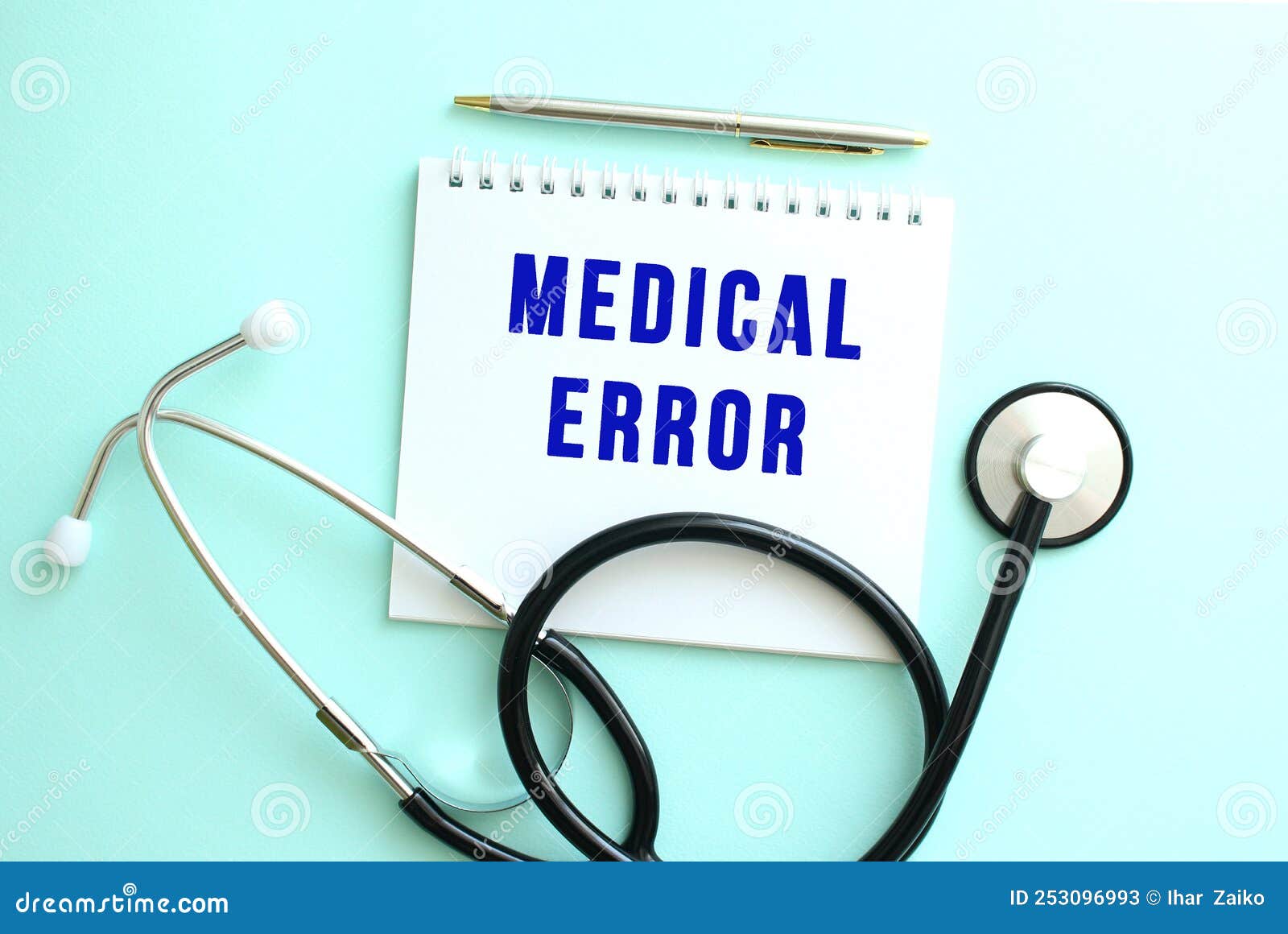 White Notepad with the Words MEDICAL ERROR and a Stethoscope on a Blue ...