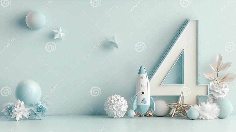 A White Number Four with a Rocket and Other Decorations on a Blue ...
