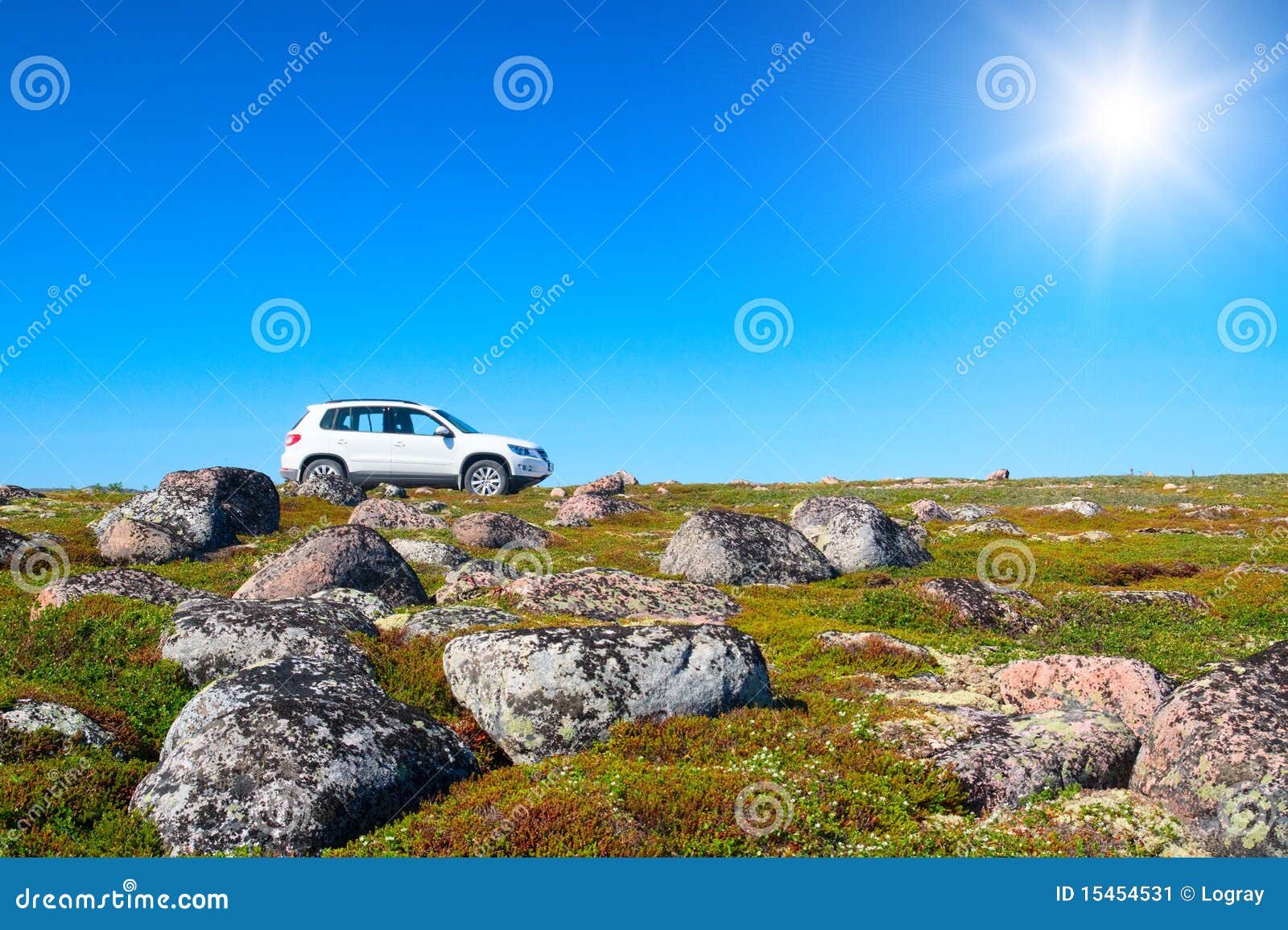 White Off-road Vehicle on Peak of Green Hill Stock Image - Image of ...