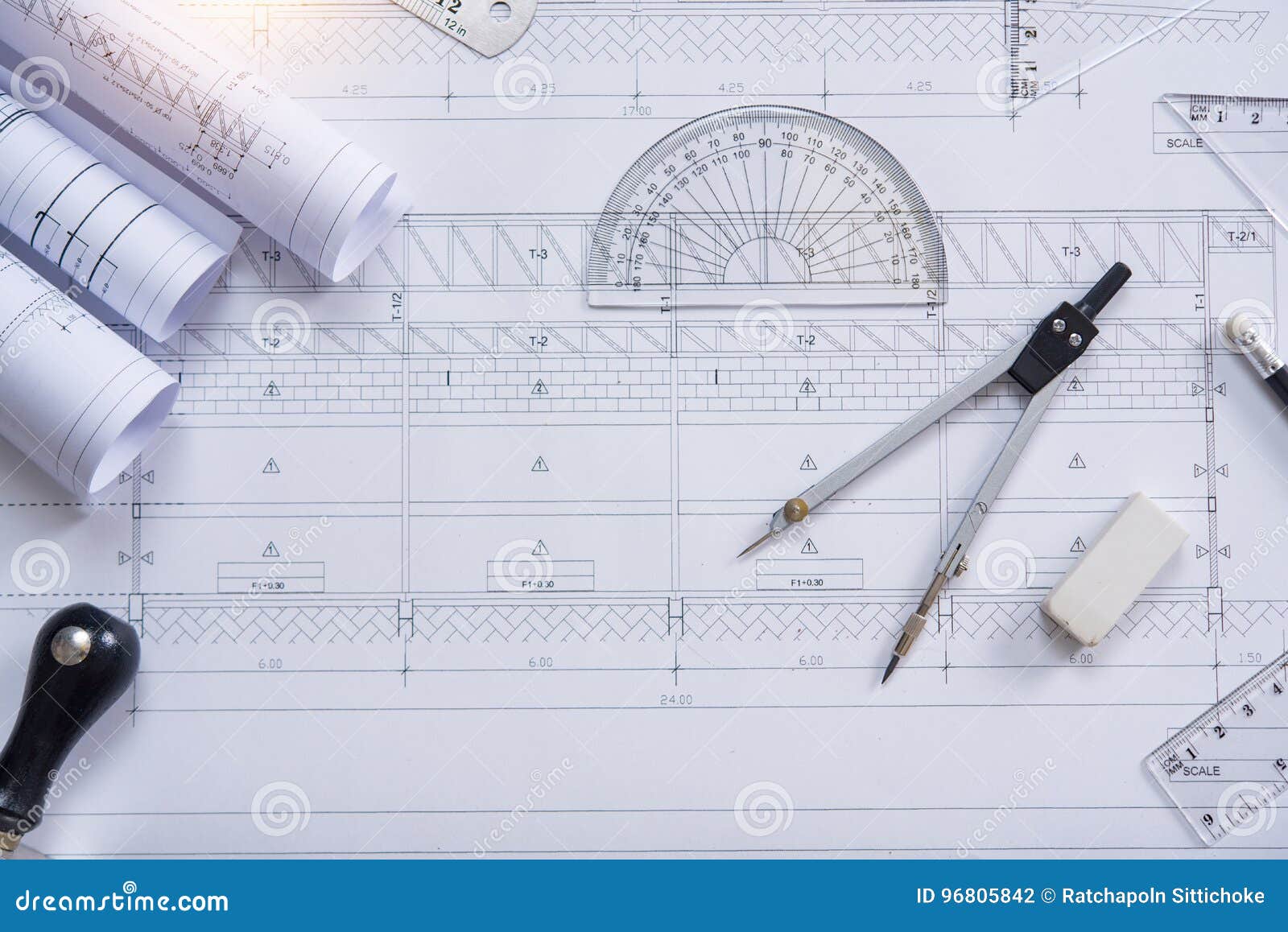 White Office Desk Table with of Architect. Stock Photo - Image of ...