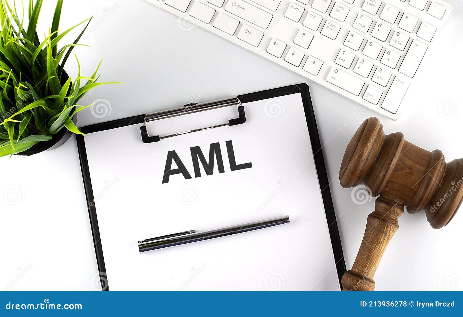 White Office Desk Table with Blank Sheet , Text AML , Keyboard and ...