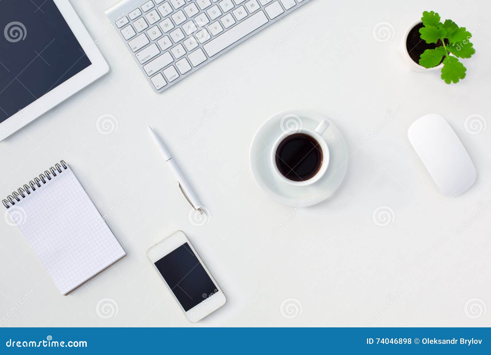 White Office Desk Table with Electronic Gadgets and Stationery Coffee ...