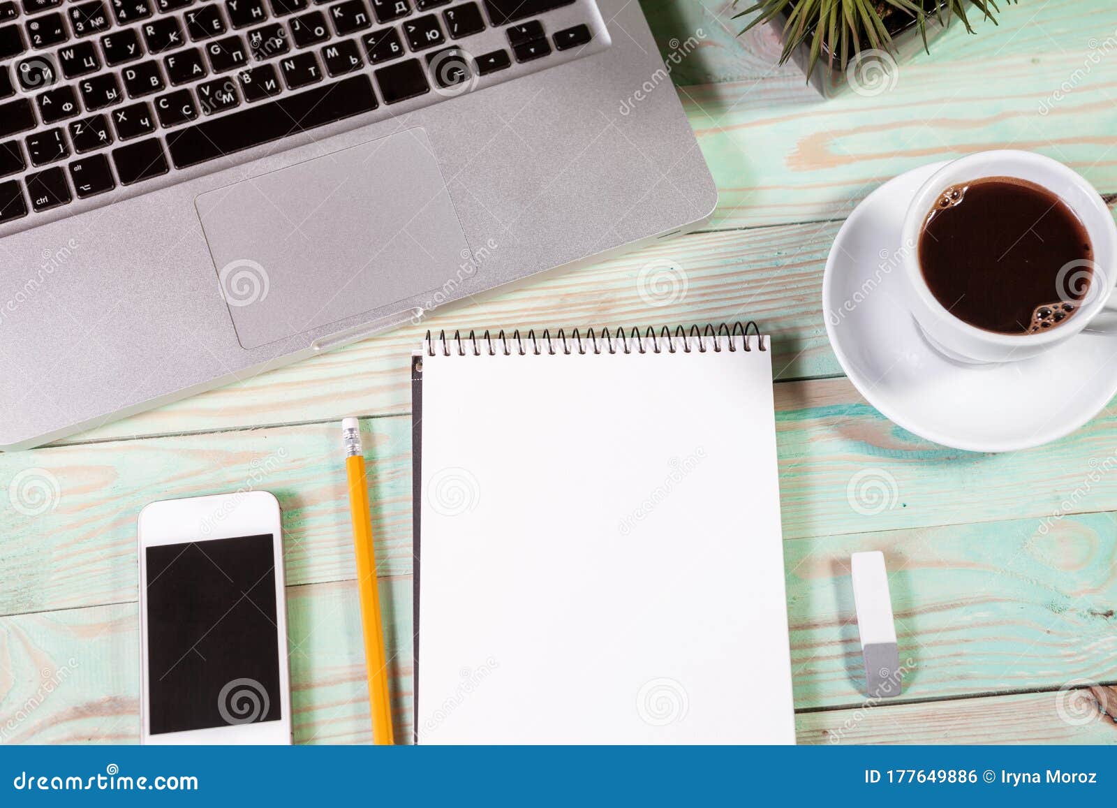 White Office Desk Table with Laptop Top View with Copy Space Stock ...
