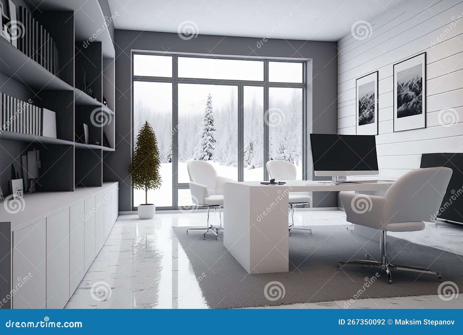 White Office Interior Design with Computer on the Table and Big ...