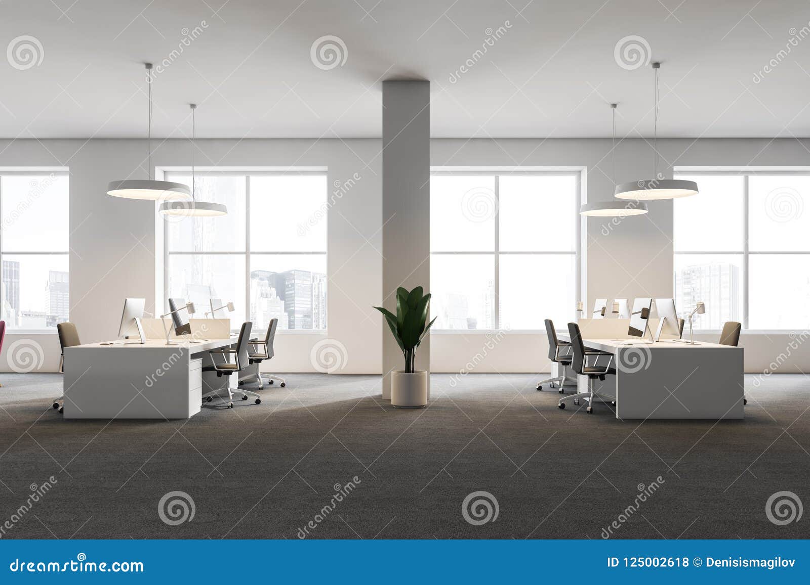 White Office, Columns, Computer Desks, Side View Stock Illustration ...