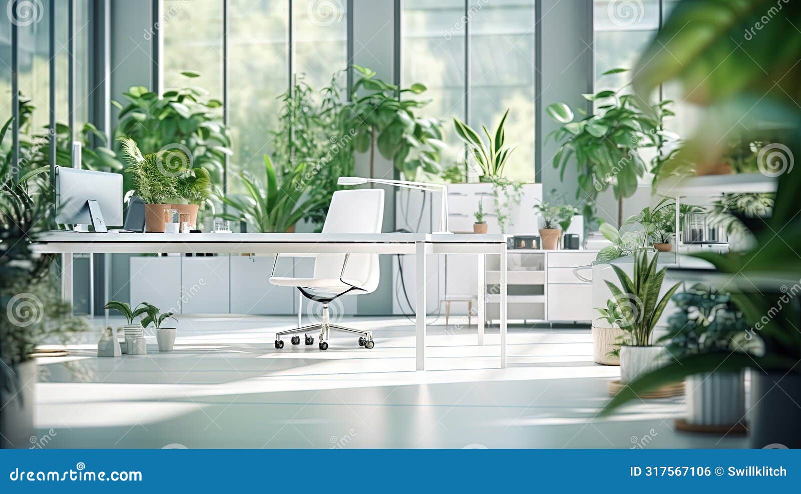 White Office Interior with Green Plants. Greenery in the Clean and ...