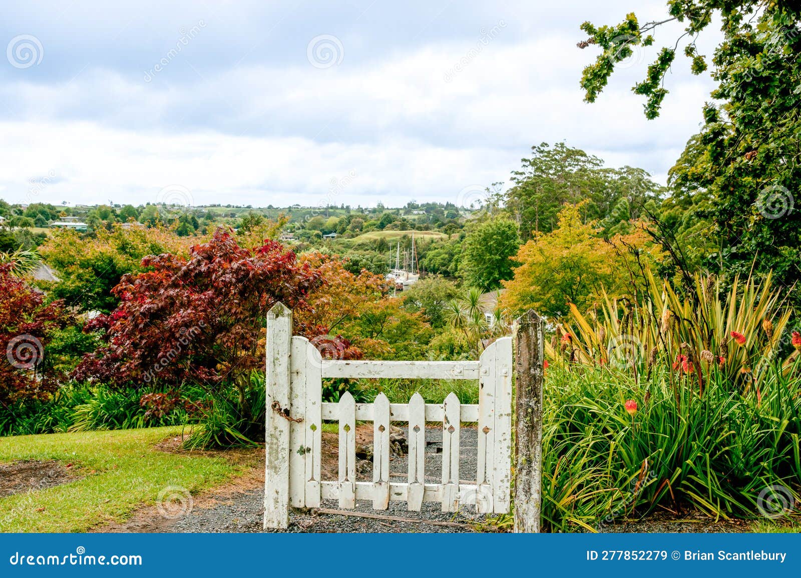 White Old-fashioned Gate in Landscape. Stock Image - Image of view ...