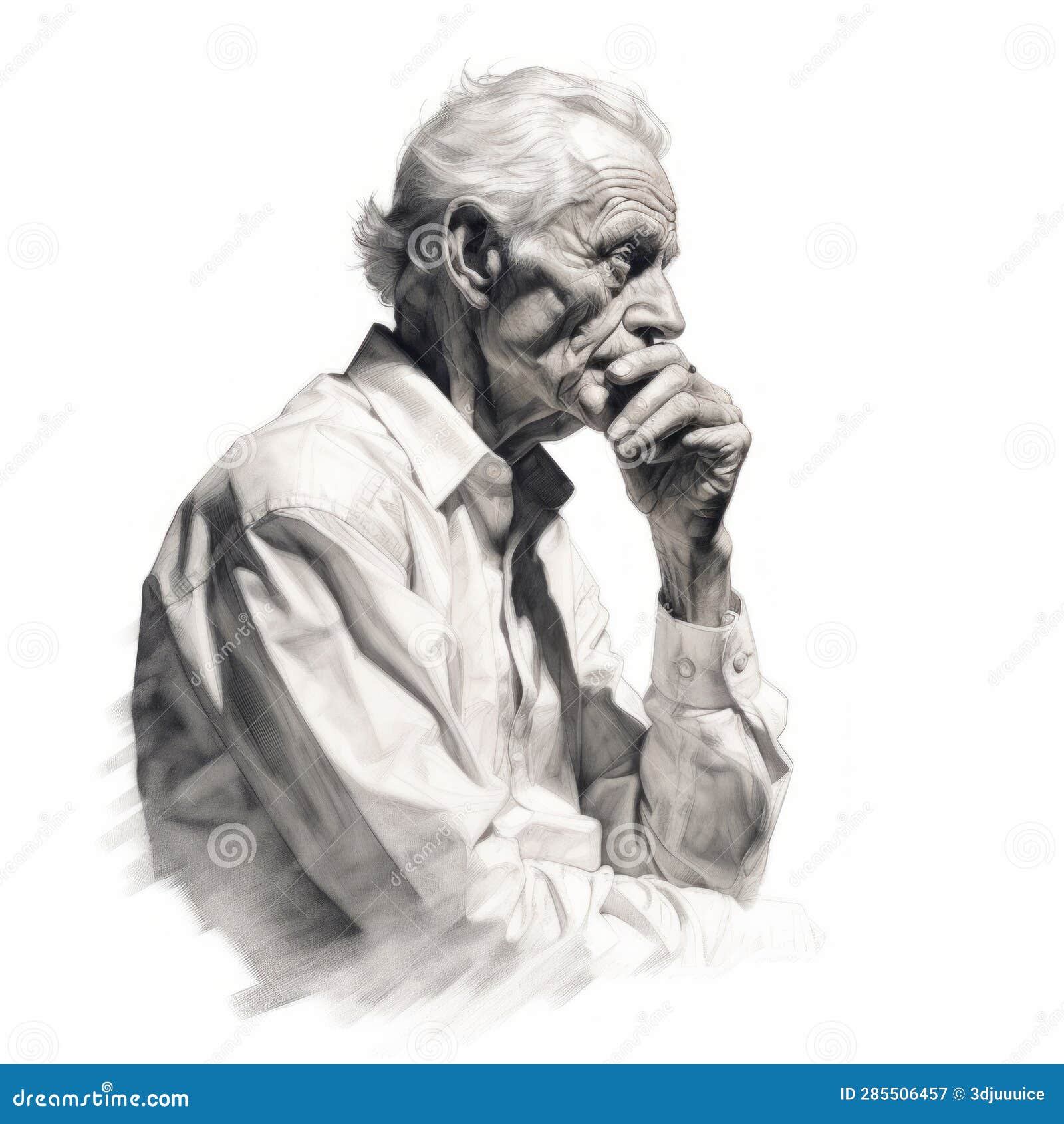 White Old Man in Thinking and Doubts Black and White Sketch ...