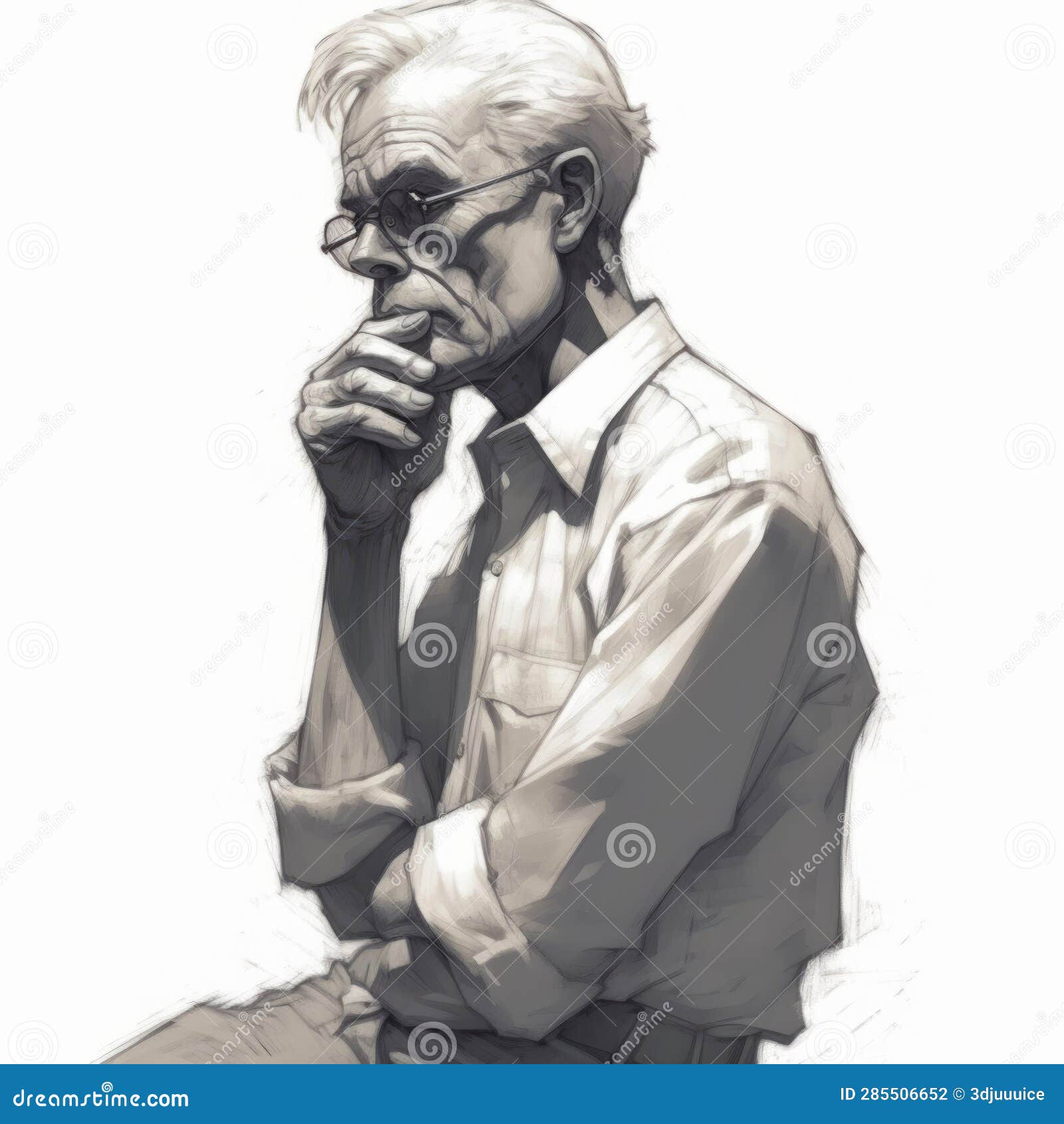 White Old Man in Thinking and Doubts Black and White Sketch ...