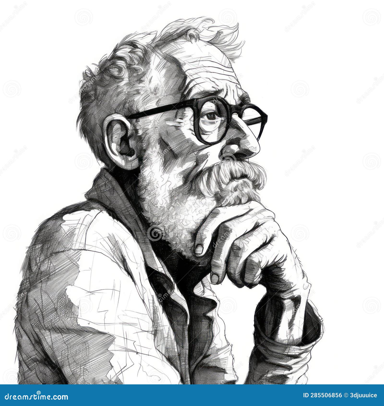 White Old Man in Thinking and Doubts Black and White Sketch ...