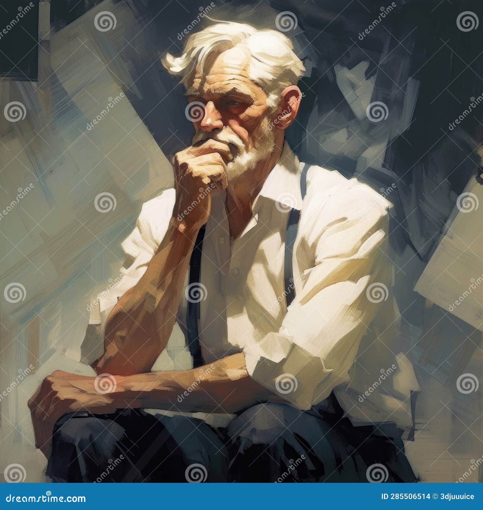 White Old Man in Thinking and Doubts Oil Painted Illustration. Stock ...