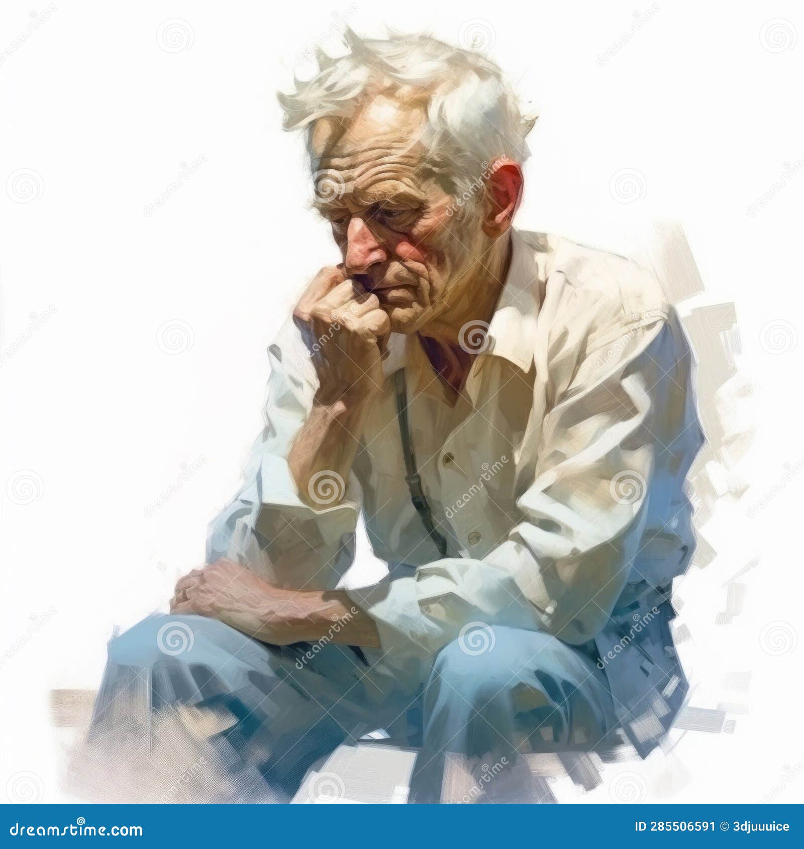 White Old Man in Thinking and Doubts Oil Painted Illustration. Stock ...