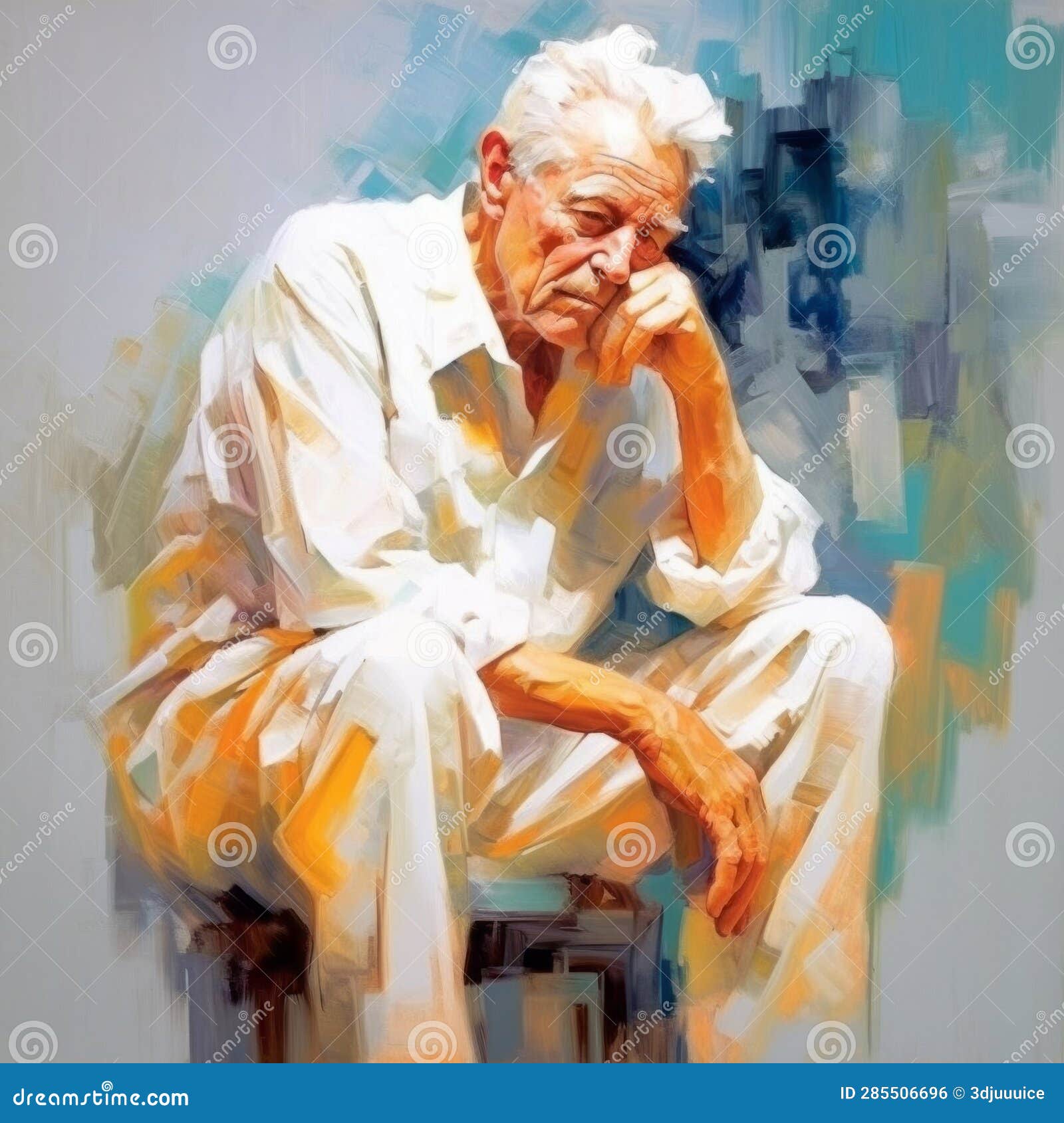 White Old Man in Thinking and Doubts Oil Painted Illustration. Stock ...