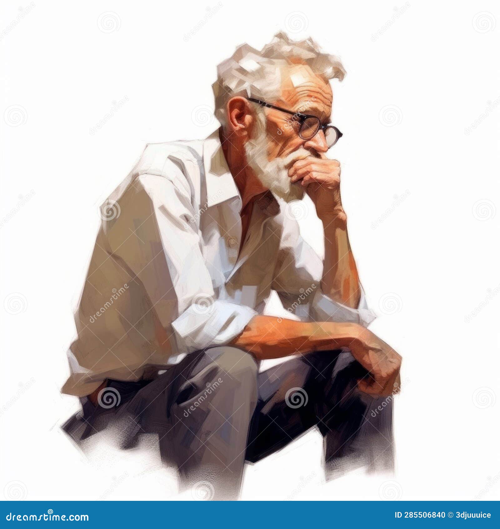 White Old Man in Thinking and Doubts Oil Painted Illustration. Stock ...