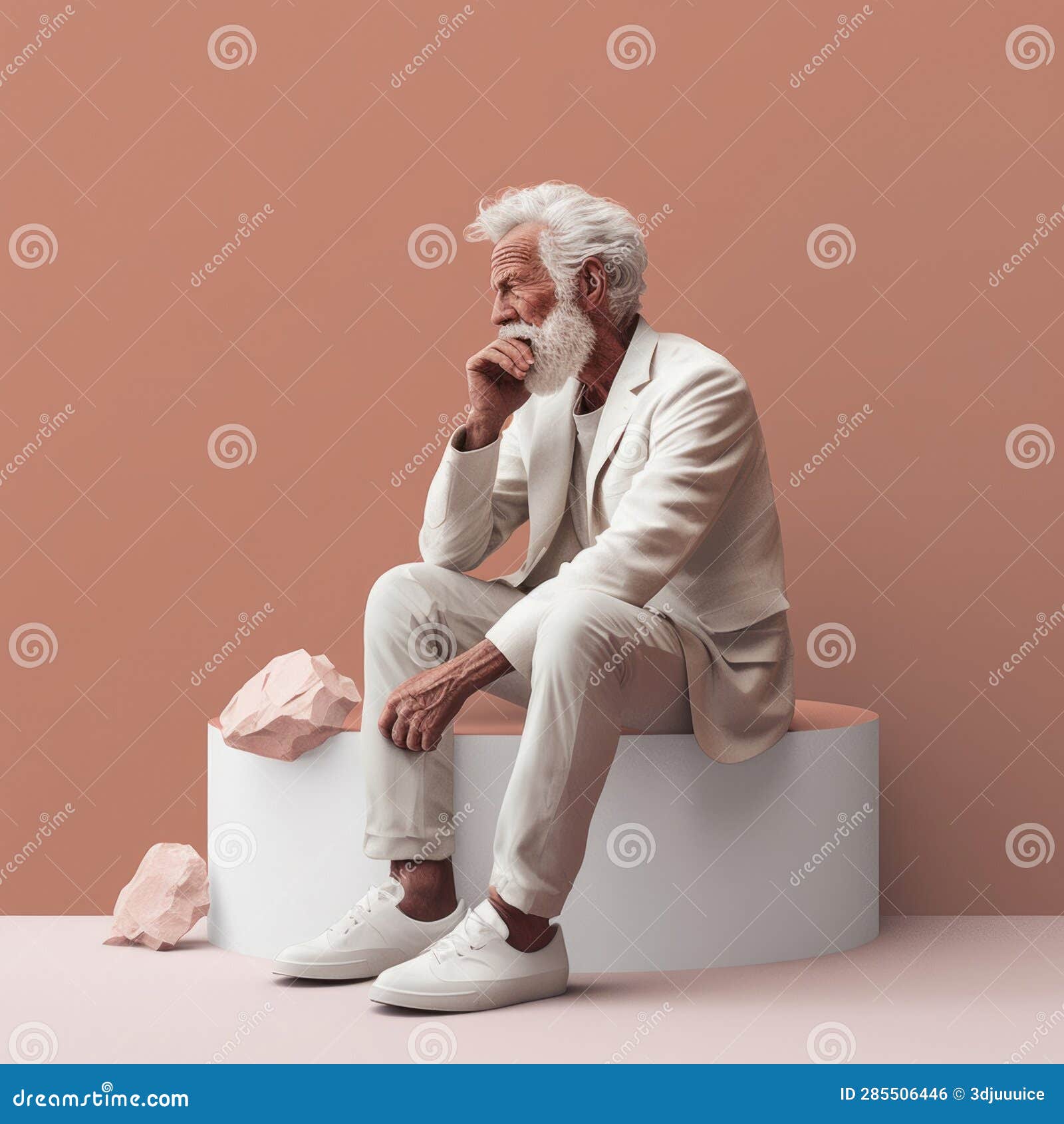 White Old Man in Thinking and Doubts Photorealistic Illustration. Stock ...