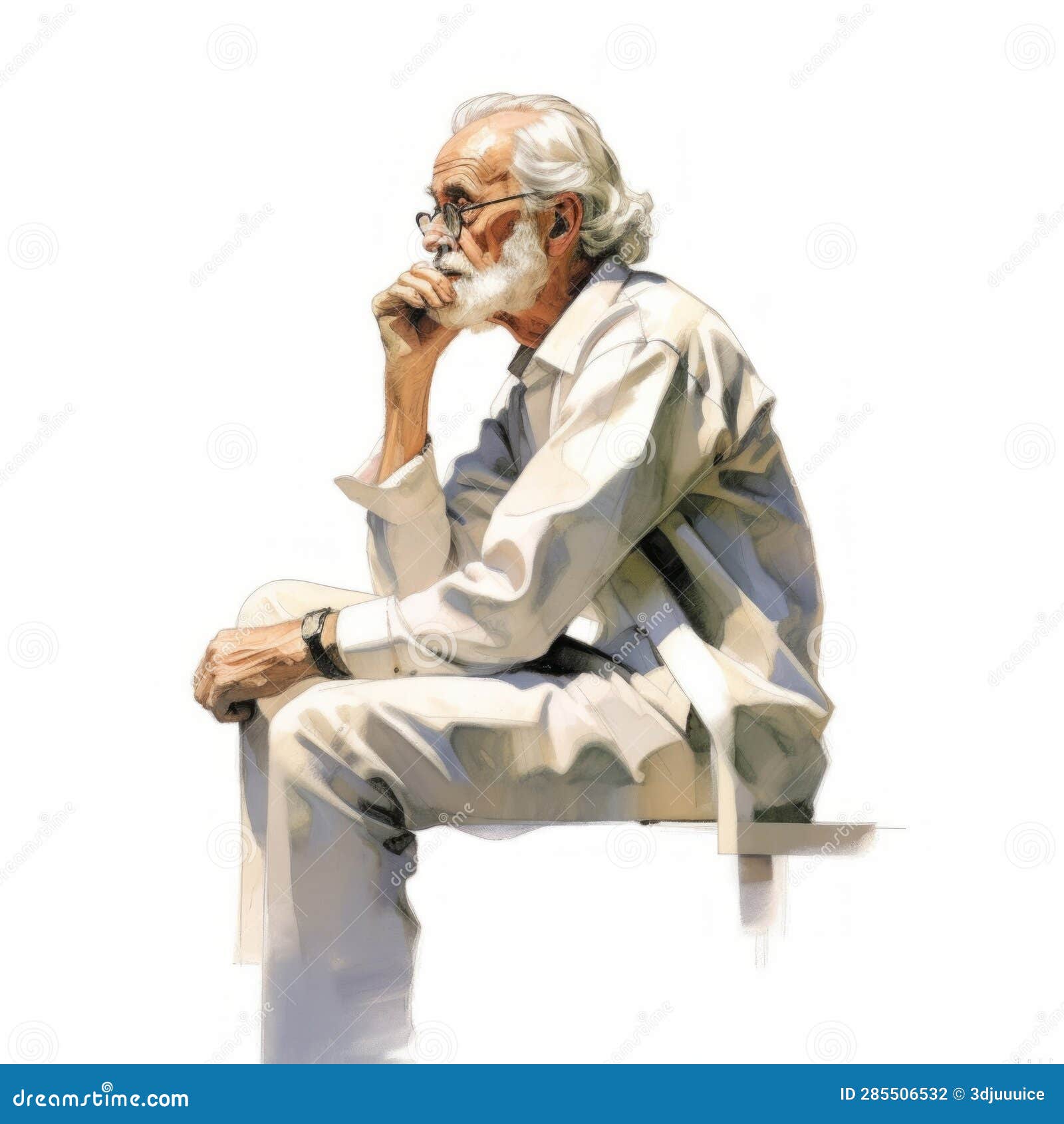 White Old Man in Thinking and Doubts Soft Colored Sketch Illustration ...