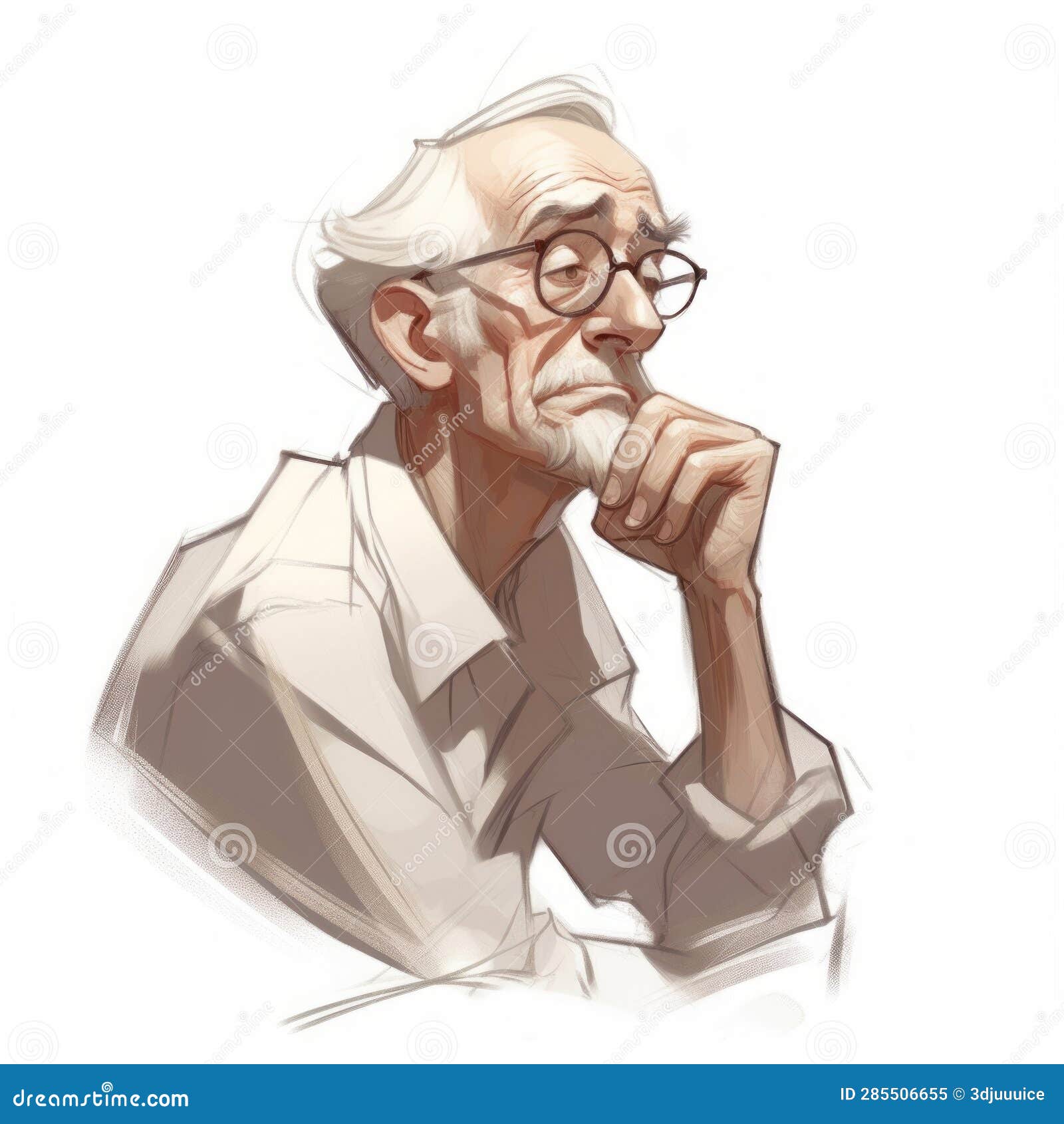 White Old Man in Thinking and Doubts Soft Colored Sketch Illustration ...