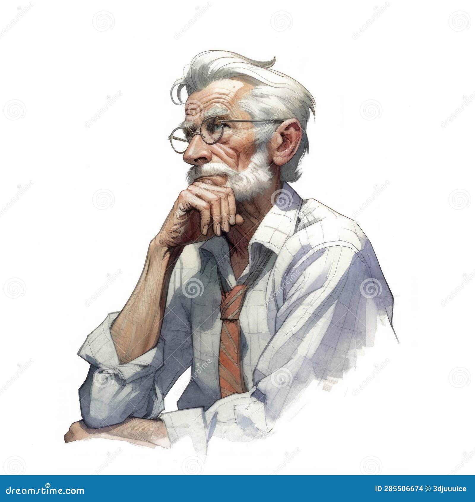 White Old Man in Thinking and Doubts Soft Colored Sketch Illustration ...