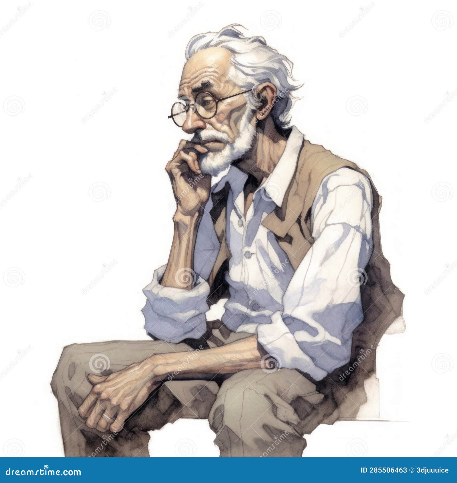 White Old Man in Thinking and Doubts Watercolor Illustration. Stock ...