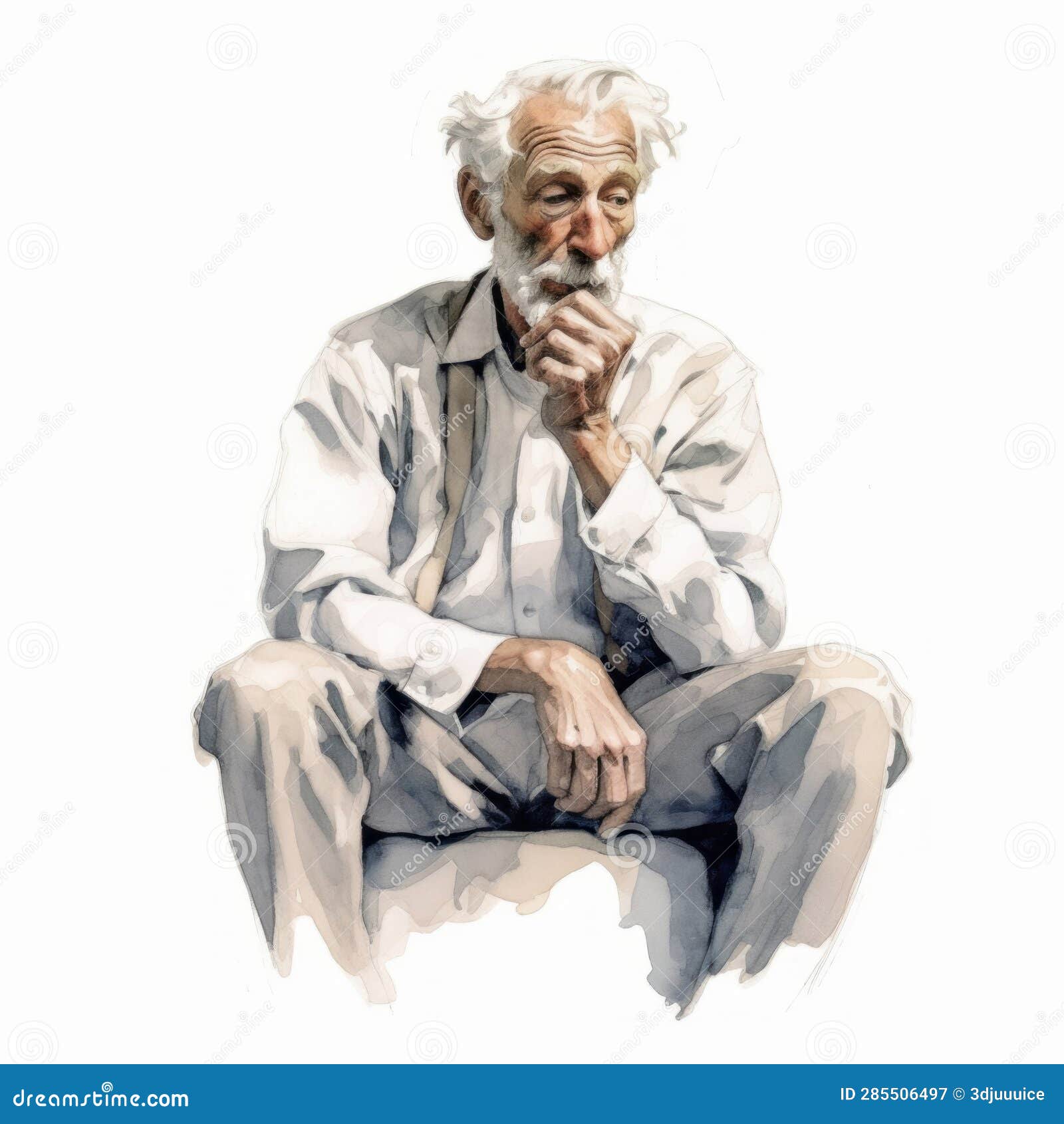 White Old Man in Thinking and Doubts Watercolor Illustration. Stock ...