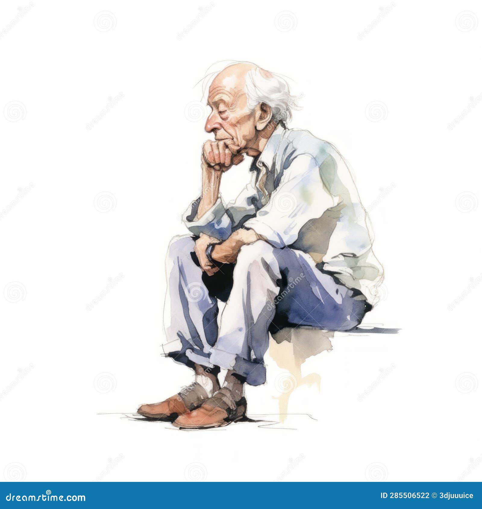 White Old Man in Thinking and Doubts Watercolor Illustration. Stock ...