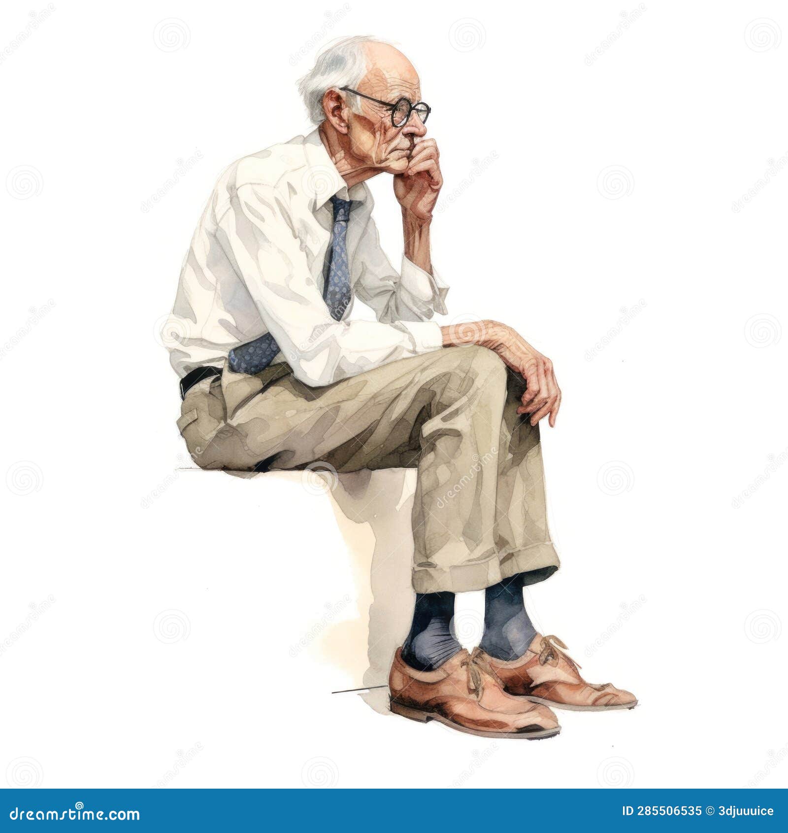 White Old Man in Thinking and Doubts Watercolor Illustration. Stock ...