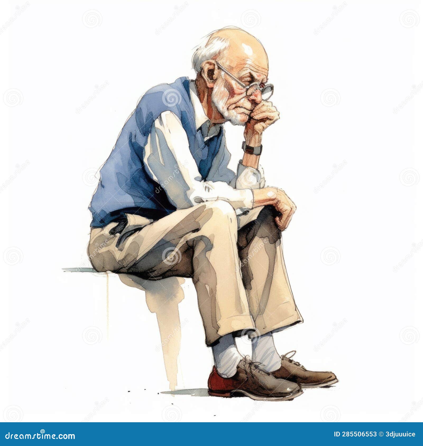 White Old Man in Thinking and Doubts Watercolor Illustration. Stock ...