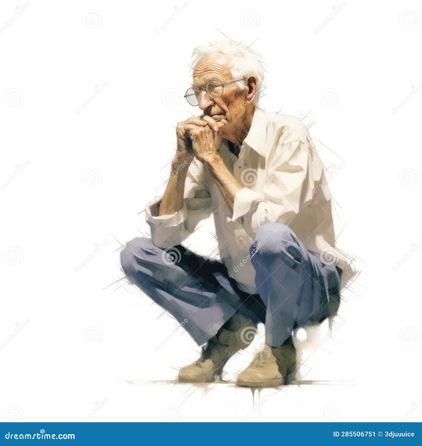 White Old Man in Thinking and Doubts Watercolor Illustration. Stock ...