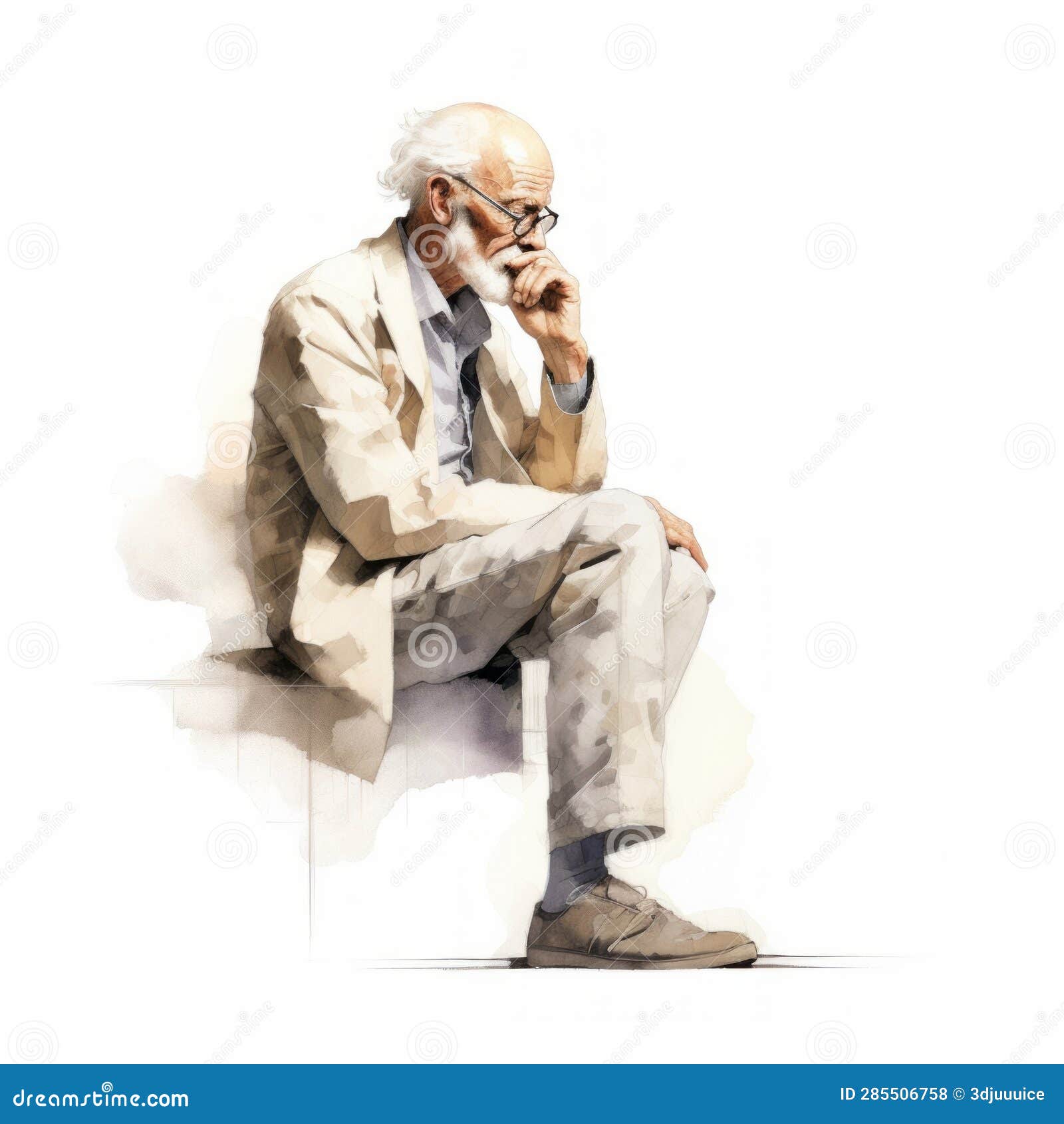 White Old Man in Thinking and Doubts Watercolor Illustration. Stock ...