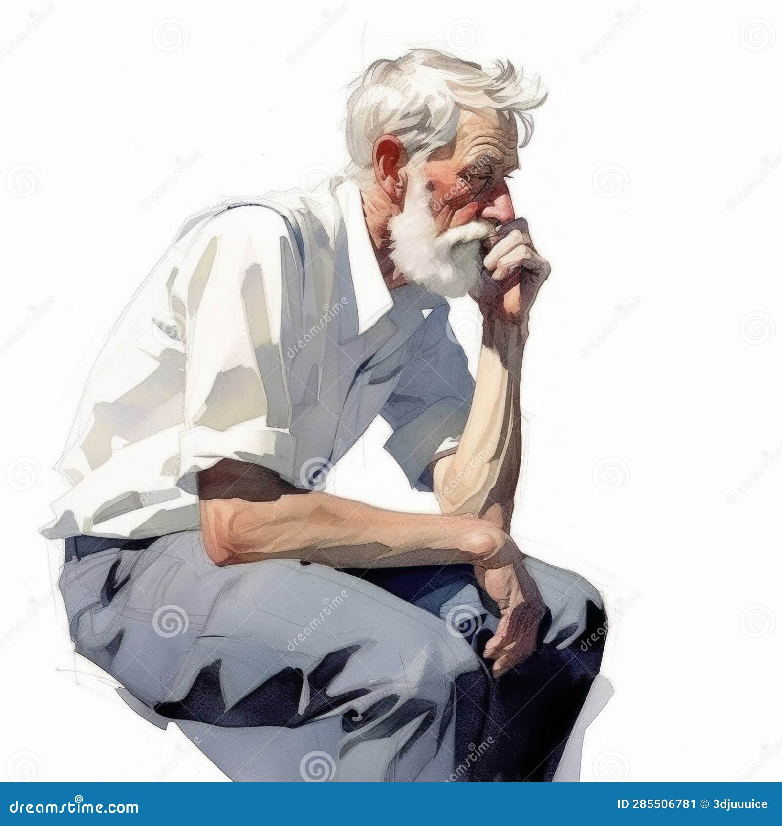 White Old Man in Thinking and Doubts Watercolor Illustration. Stock ...