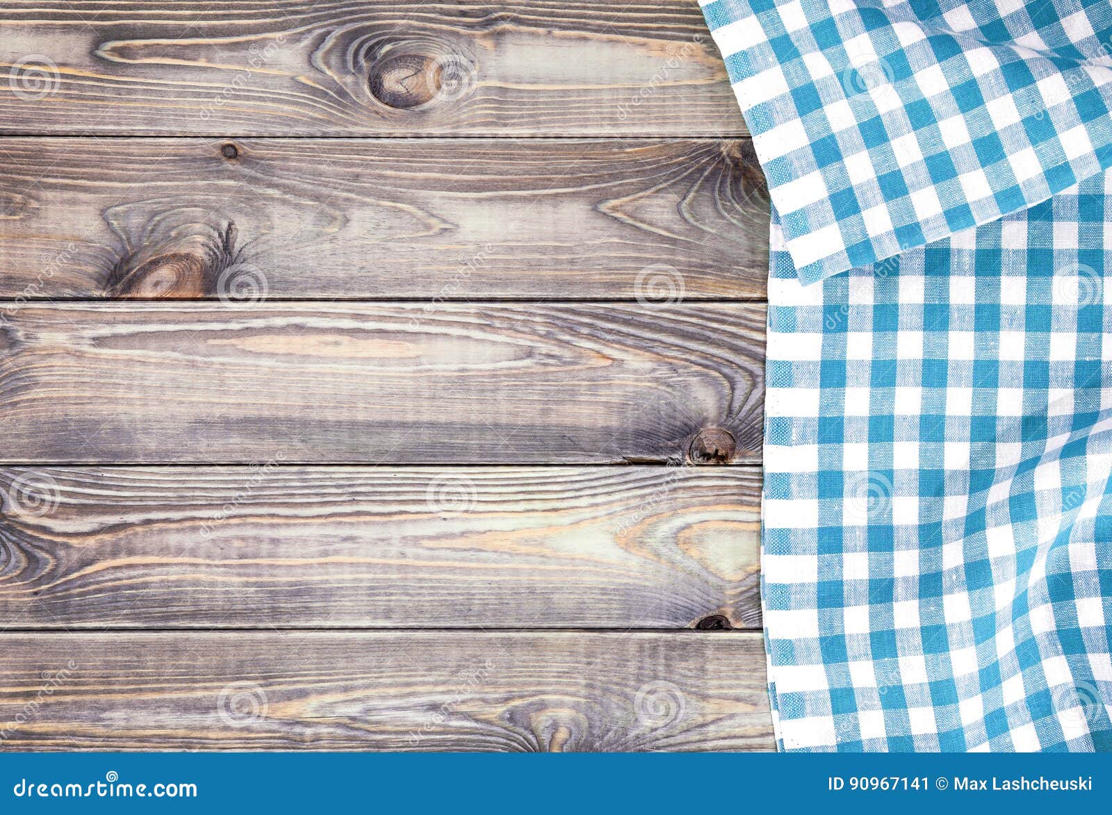 White Old Wooden Table with Blue Checkered Tablecloth, Top View with ...