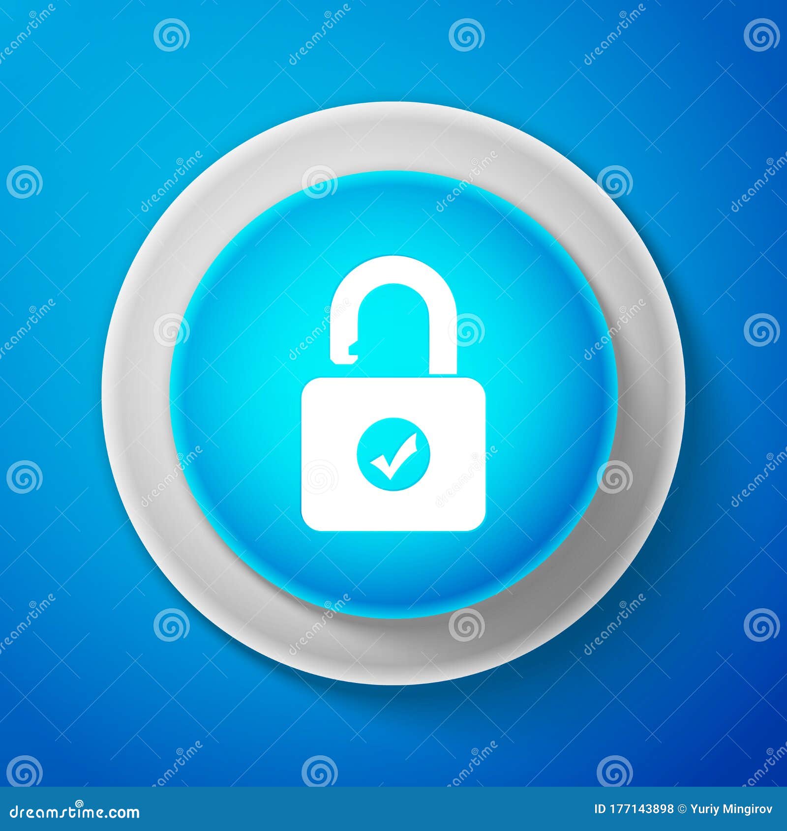 White Open Padlock and Check Mark Icon Isolated on Blue Background ...