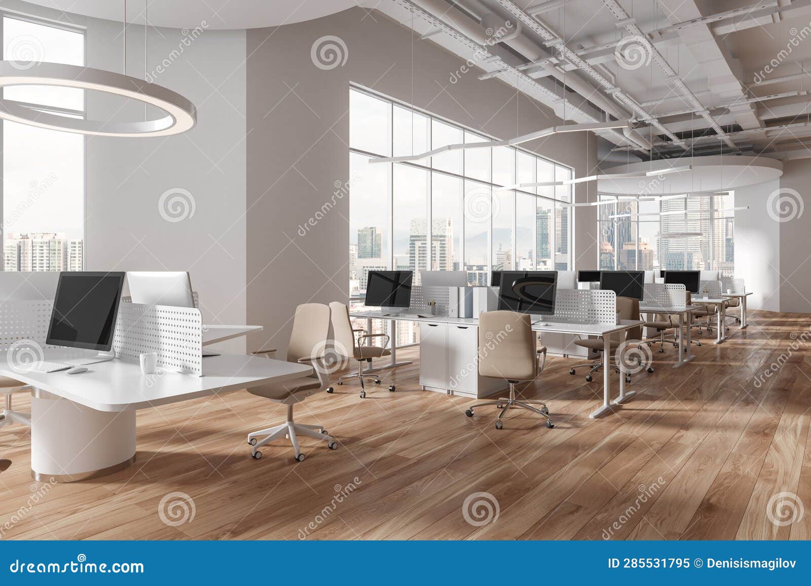 White Open Space Office Corner with Round and Rectangular Tables Stock ...